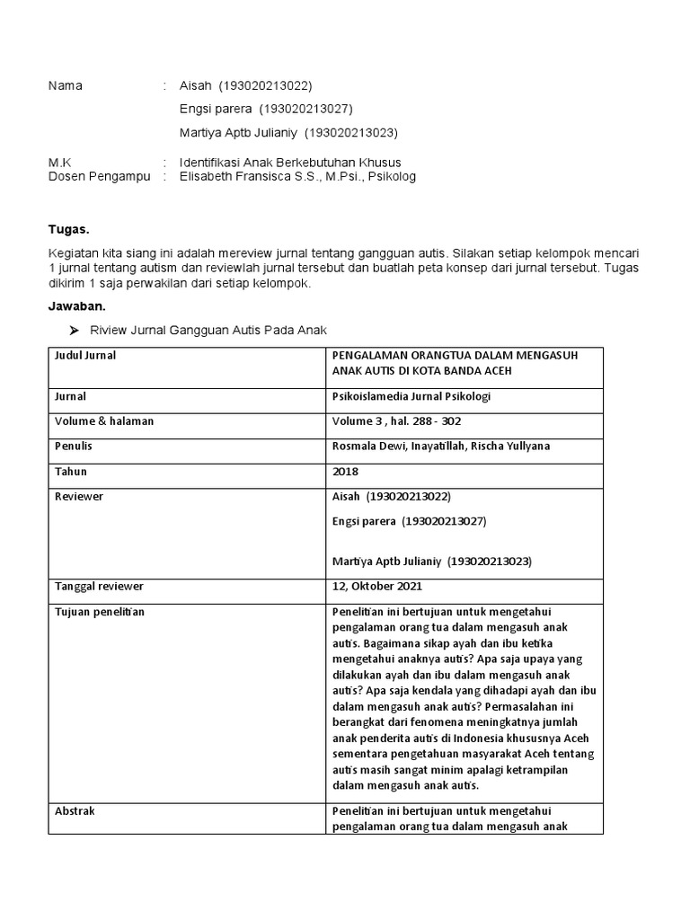Tugas Review Jurnal Dan Konsep Peta Tentang Gangguan Anak Autis | PDF