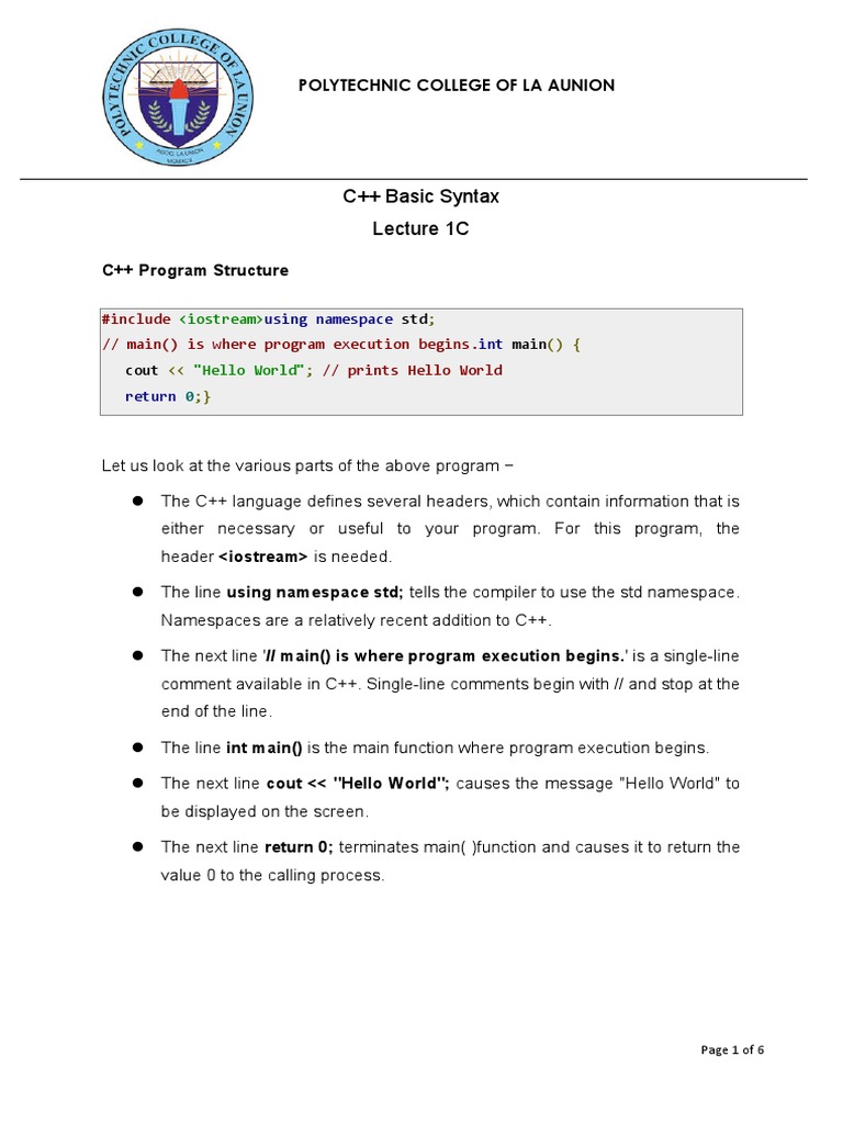 C++ Basic Syntax Lecture 1C: Using Namespace Int Return | PDF | C++ ...