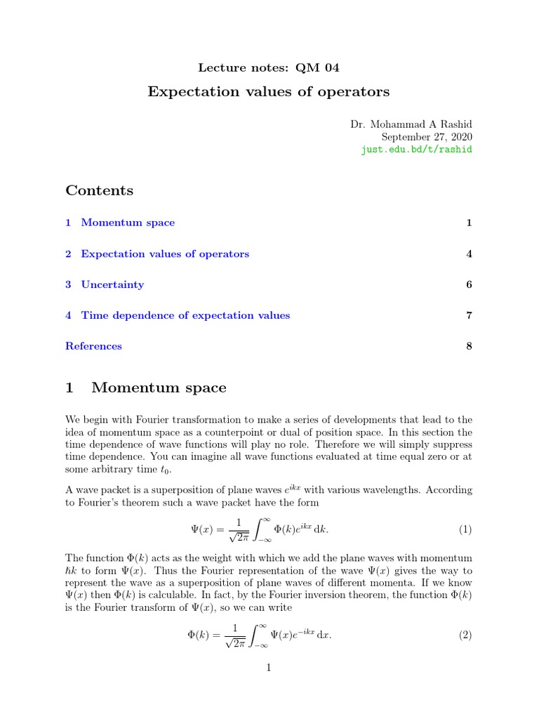 Expectation Values of Operators: Lecture Notes: QM 04 | PDF | Fourier ...