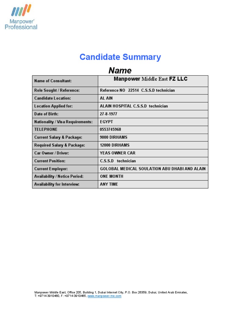 C.S.S.D Technician Candidate Profile | PDF | Career & Growth | Business