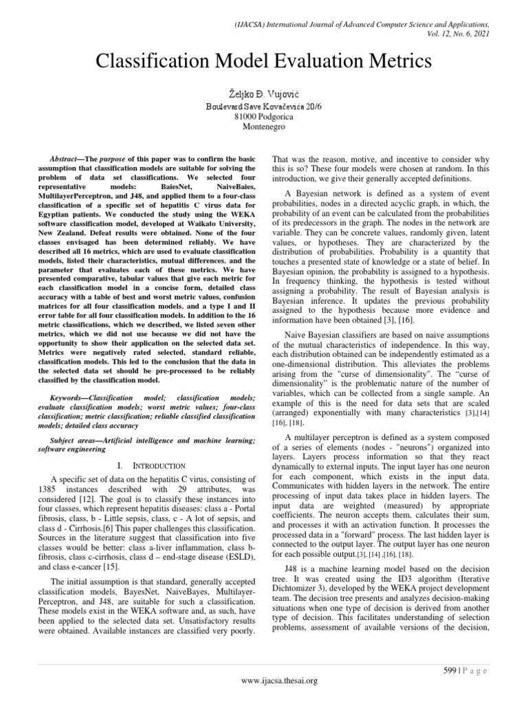 Classification Model Evaluation Metrics: Željko Đ. Vujović | PDF