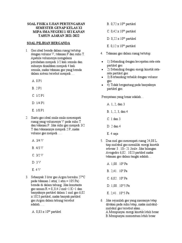 Soal Fisika Ujian Pertengahan Semester Genap Kelas Xi Mipa Sma Negeri 1 Sei Kanan TAHUN AJARAN ...