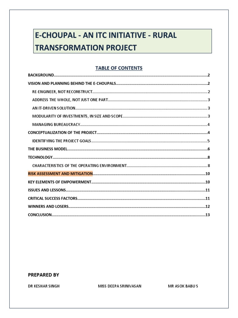 E-Choupal - An Itc Initiative - Rural Transformation Project | PDF ...
