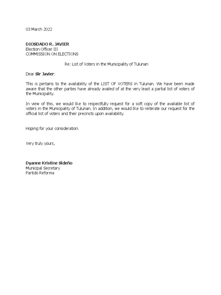 Letter To Comelec - Voters List | PDF | Politics