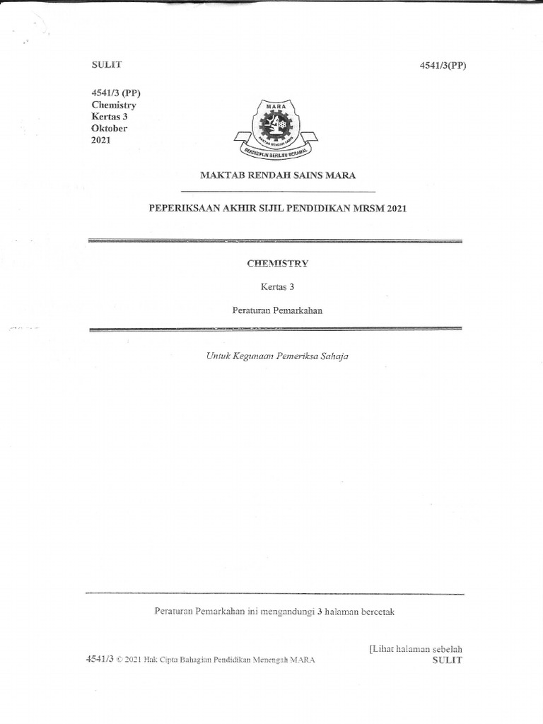 2021 MRSM Chemistry K3 Jawapan (BI Only) | PDF