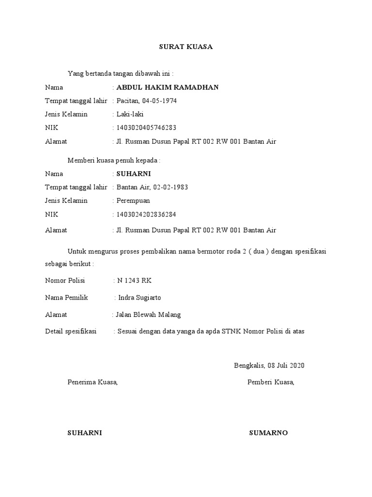 SURAT KUASA Balik Nama Motor | PDF