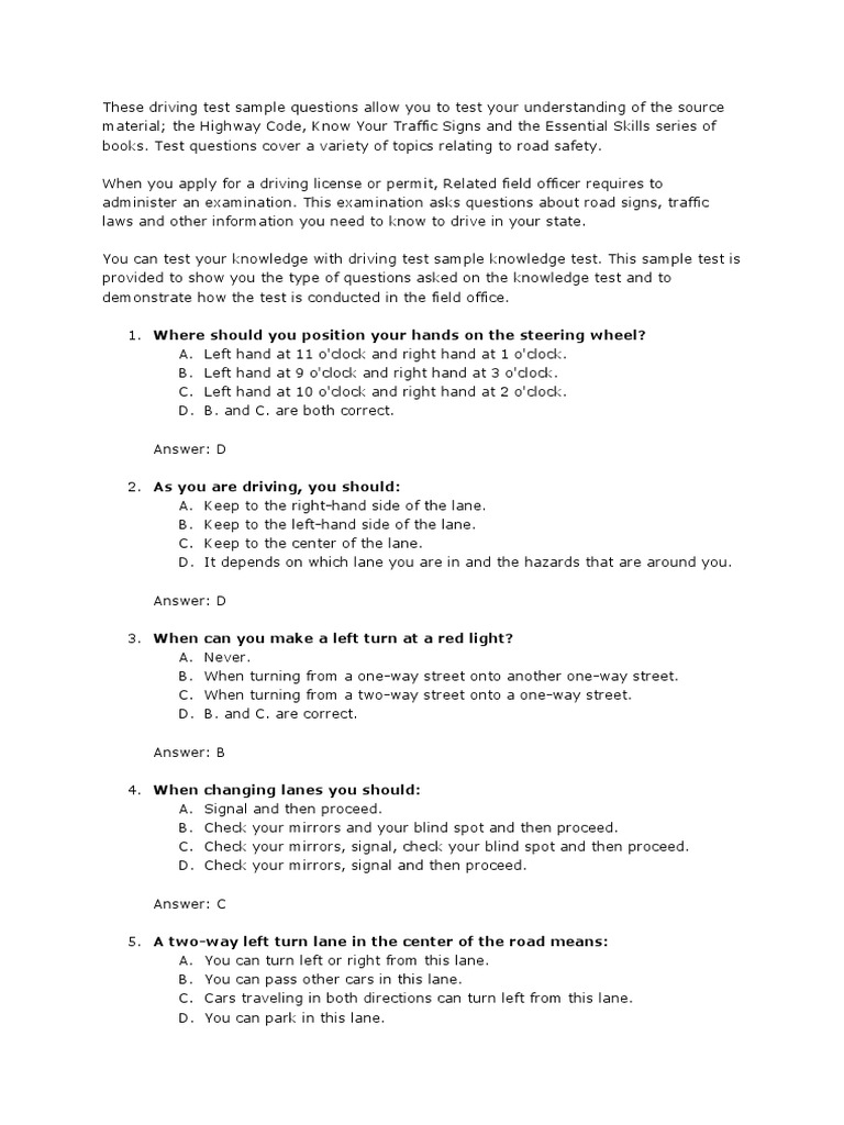 Driving Test Sample Test Question | PDF | Traffic | Intersection (Road)