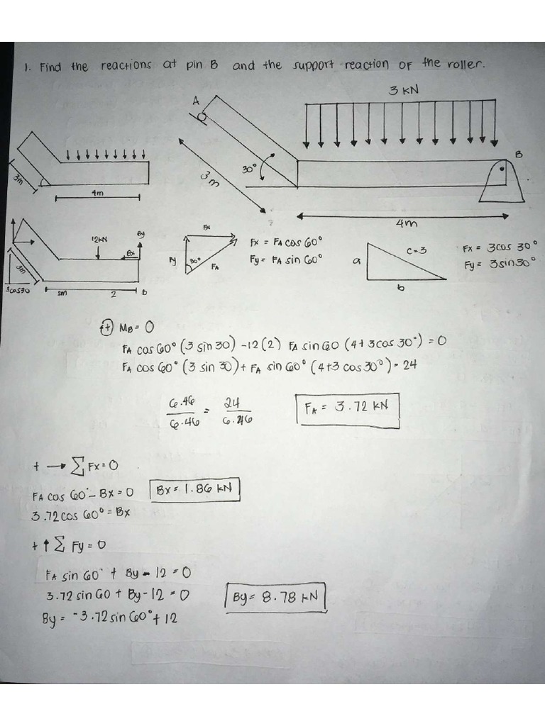 Find The Reactions at Pin B and The Support Reaction of The Roller | PDF