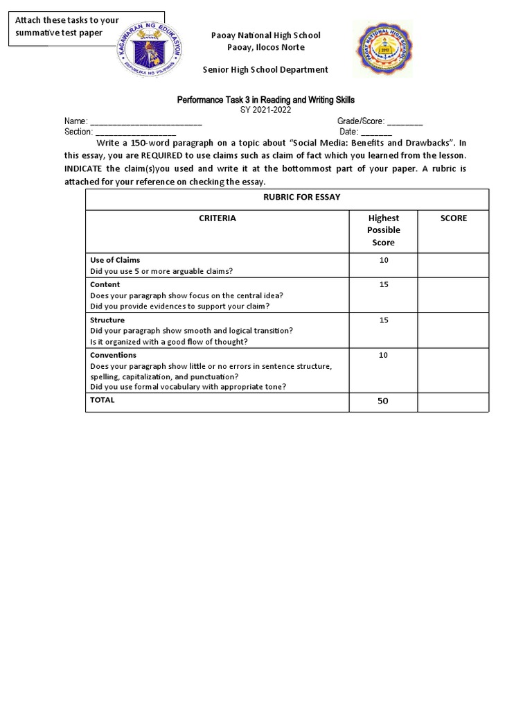 Performance Task: Social Media Essay | PDF | Essays | Rubric (Academic)