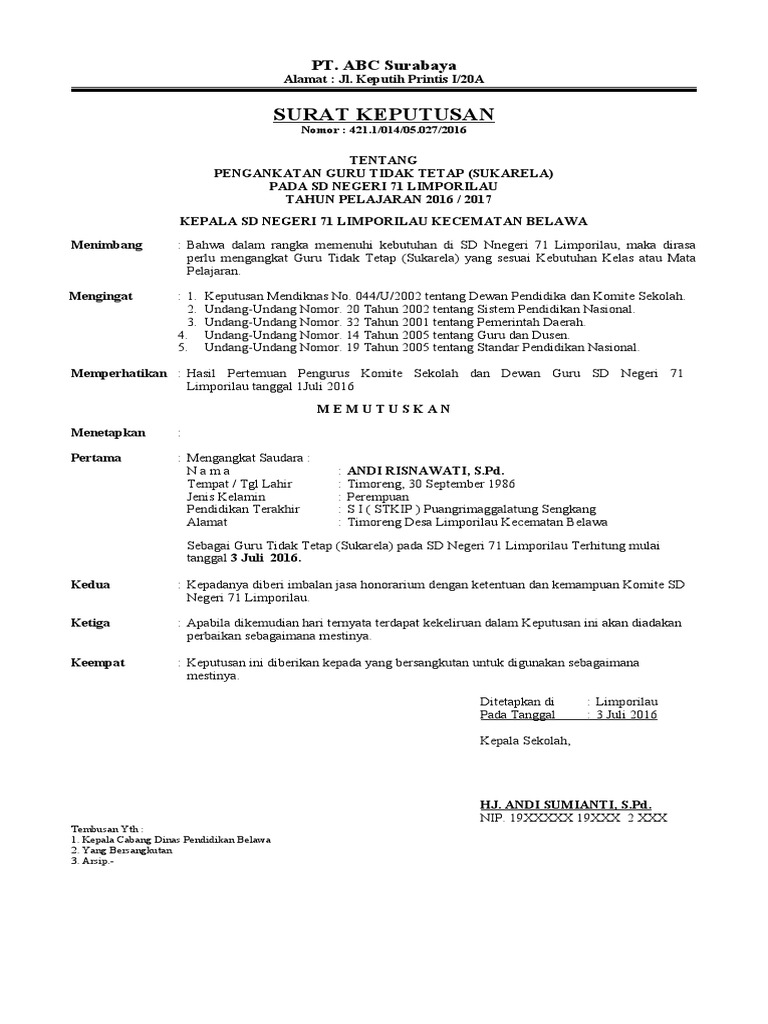 6 Download Contoh Surat Keputusan SK Kepala Sekolah Format WordI | PDF