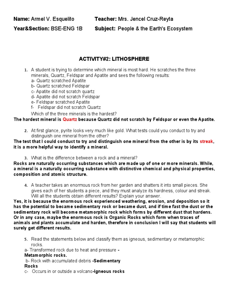 Activity 2 Lithosphere | PDF | Plate Tectonics | Rock (Geology)