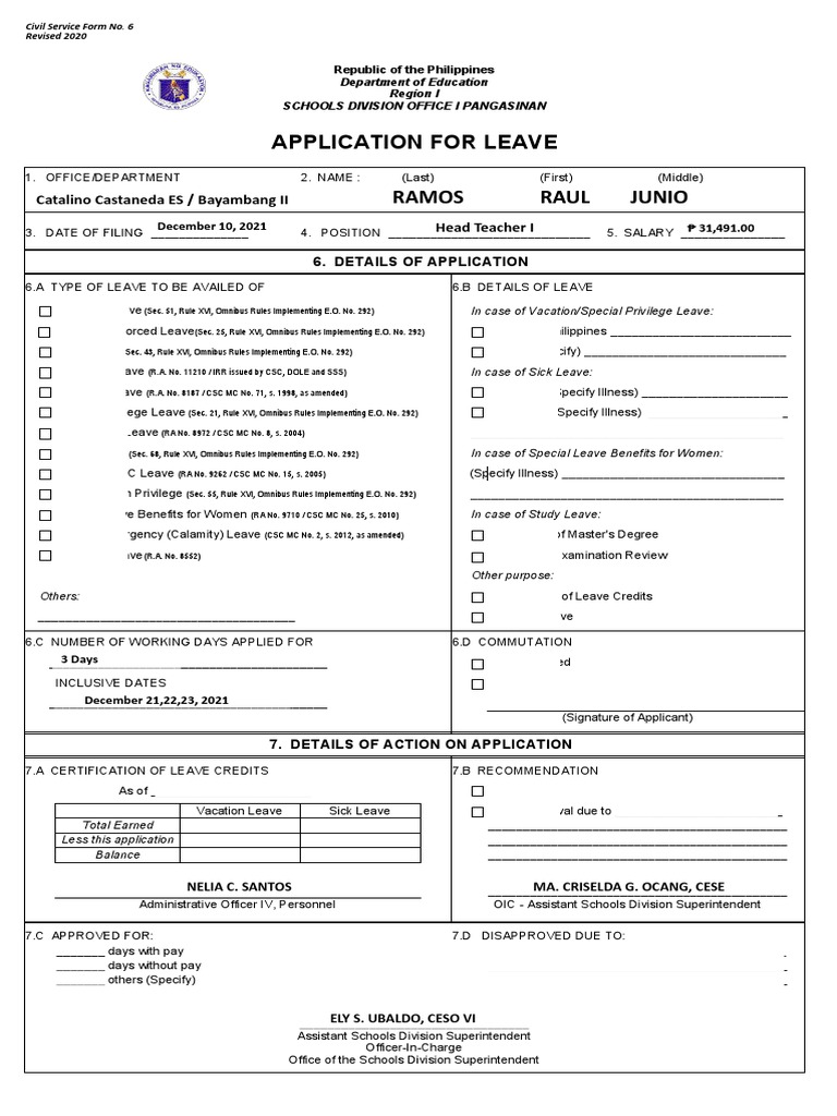 2022 - CS Form No. 6 Revised 2020 Application For Leave EDIT 1 | PDF ...