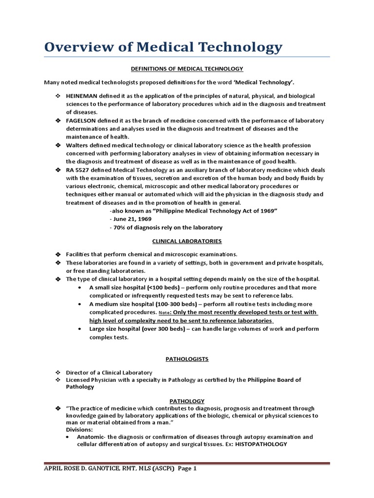 Overview of Medical Technology: Note | PDF | Medicine | Pathology
