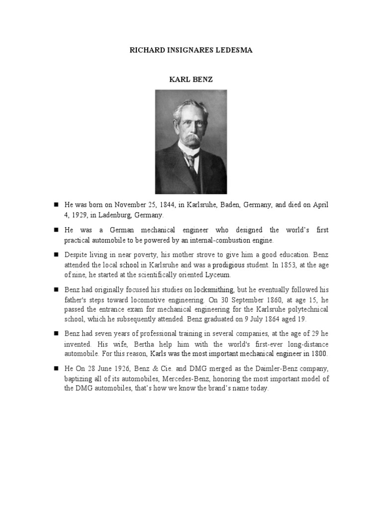 Karl Benz Biography | PDF