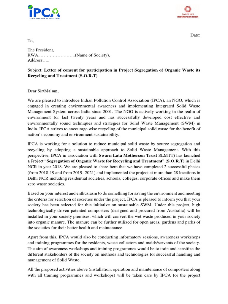 Letter Seeking Consent from Housing Society to Participate in Waste ...