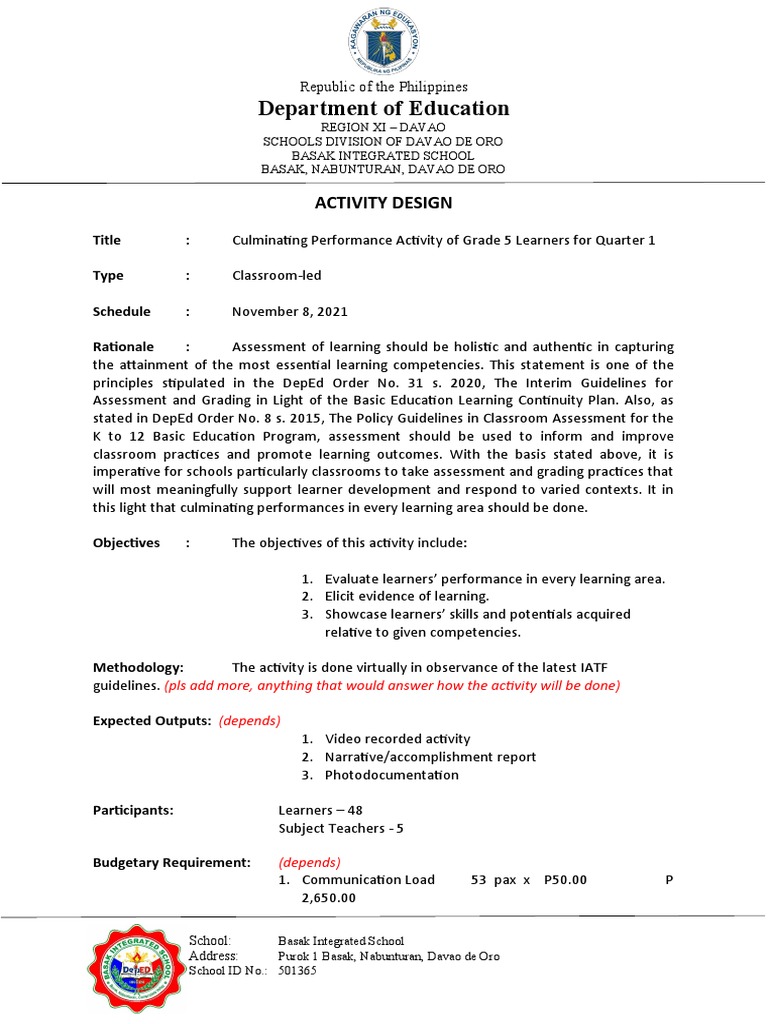 Grade 5 Culminating Activity Design | PDF | Learning | Teachers