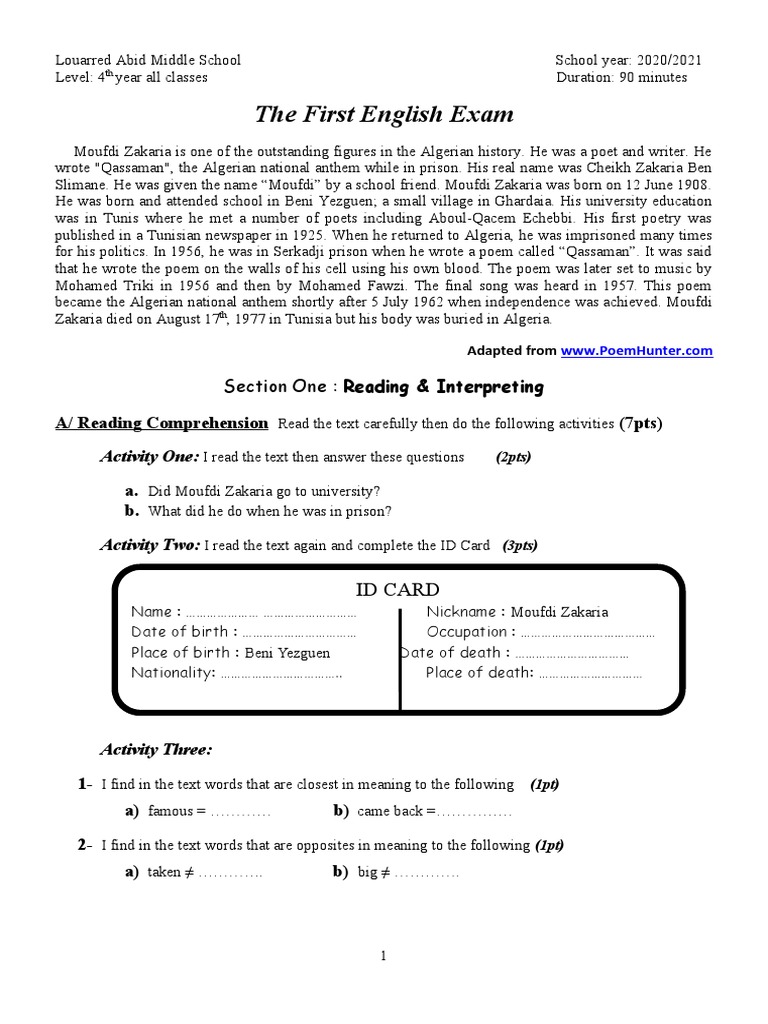 The First English Exam: Section One: Reading & Interpreting | PDF