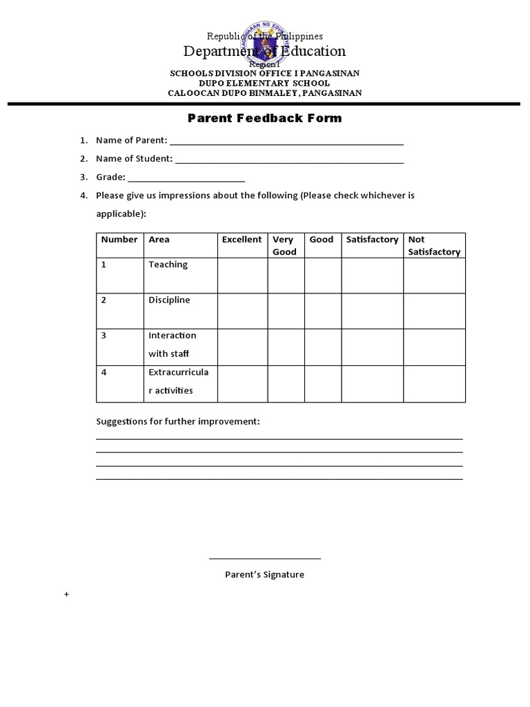 Dupo Elementary School Parent Feedback Form | PDF