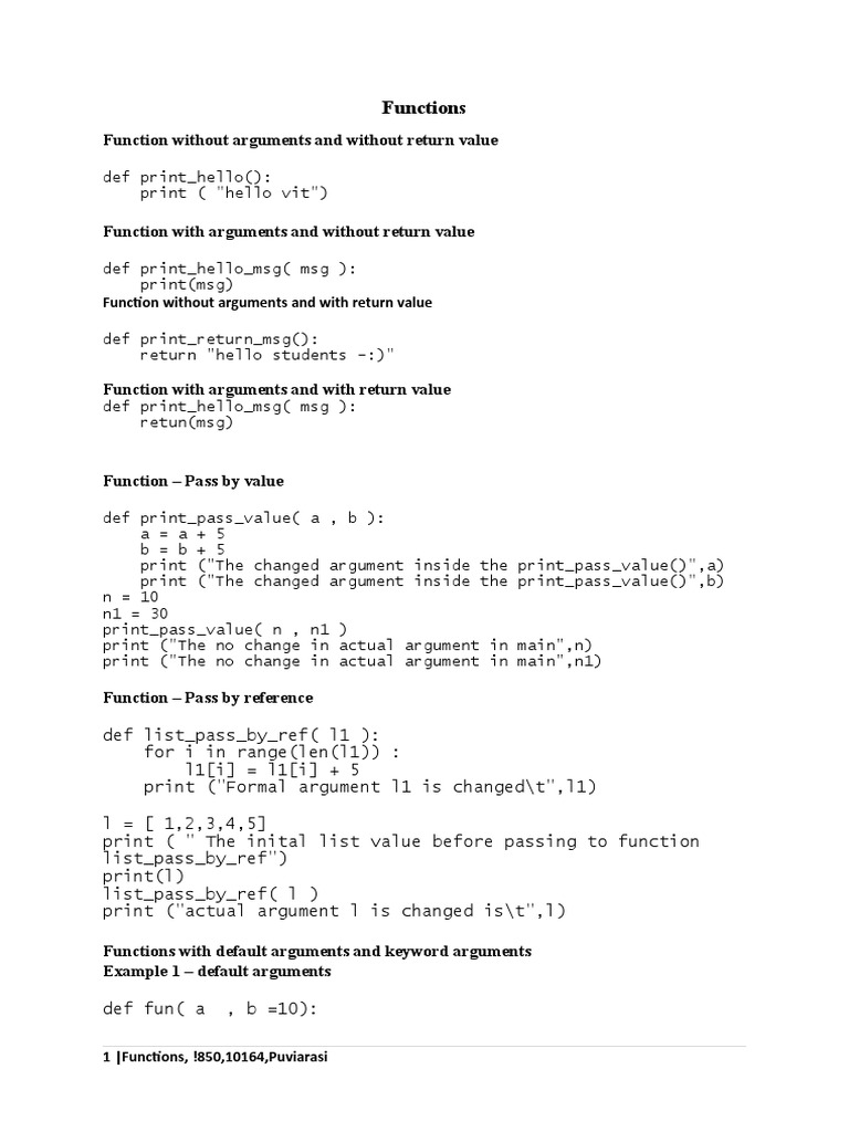 Functions Function Without Arguments And With Return Value Pdf