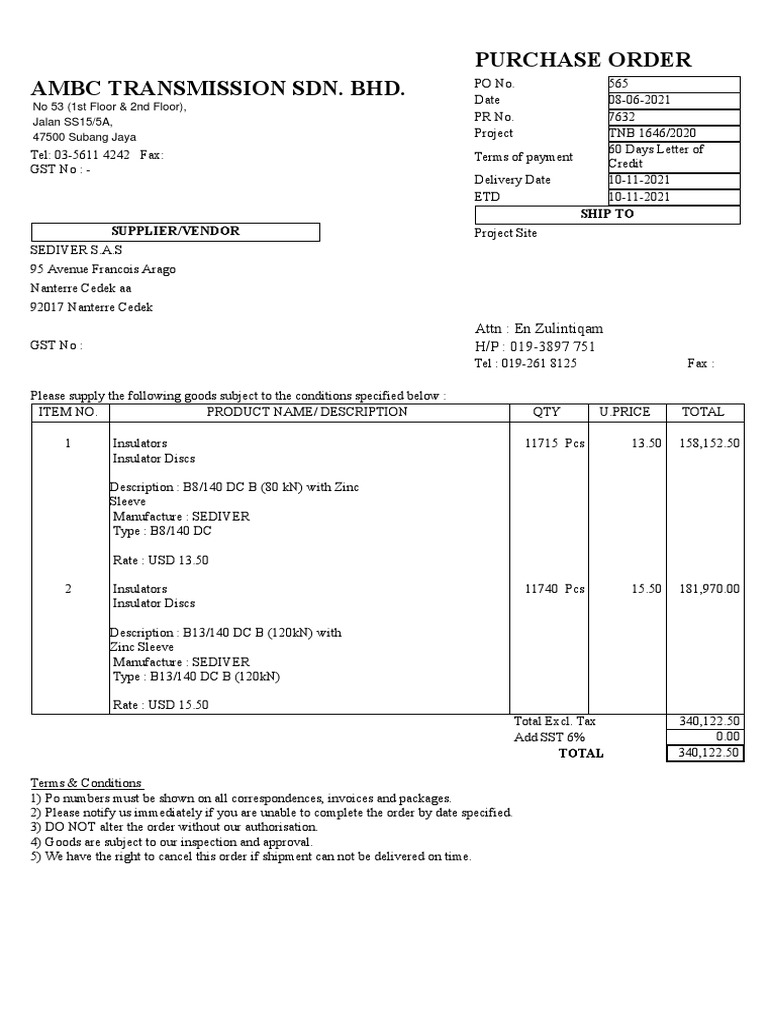 Ambc Transmission Sdn. Bhd. Purchase Order: Supplier/Vendor Ship To ...
