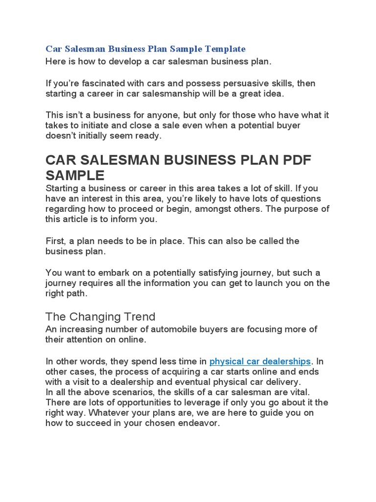 Car Salesman Business Plan | PDF | Sales | Inventory