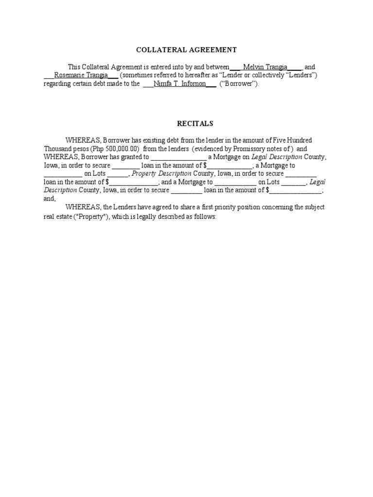 Collateral Agreement: Description County, Iowa, in Order To Secure ...