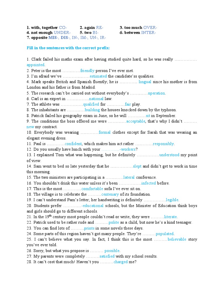 MIS-, DIS-, IN-, IM-, UN-, IR-: Fill in The Sentences With The Correct ...