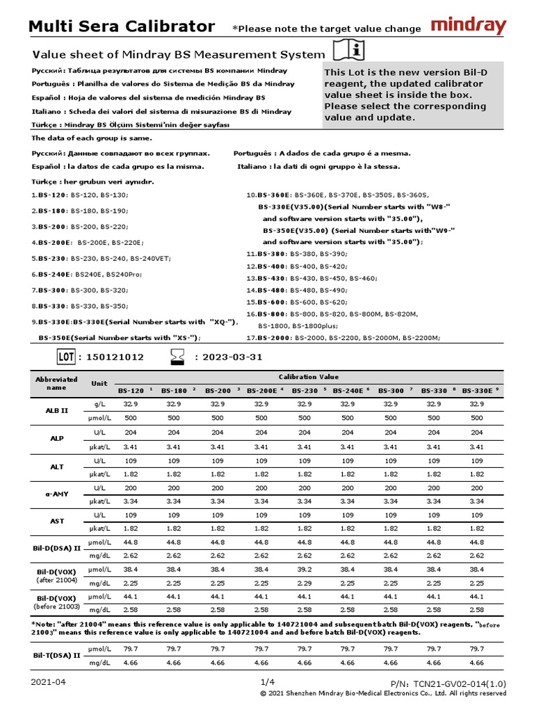 Multi Sera Calibrator: Value Sheet of Mindray BS Measurement System ...