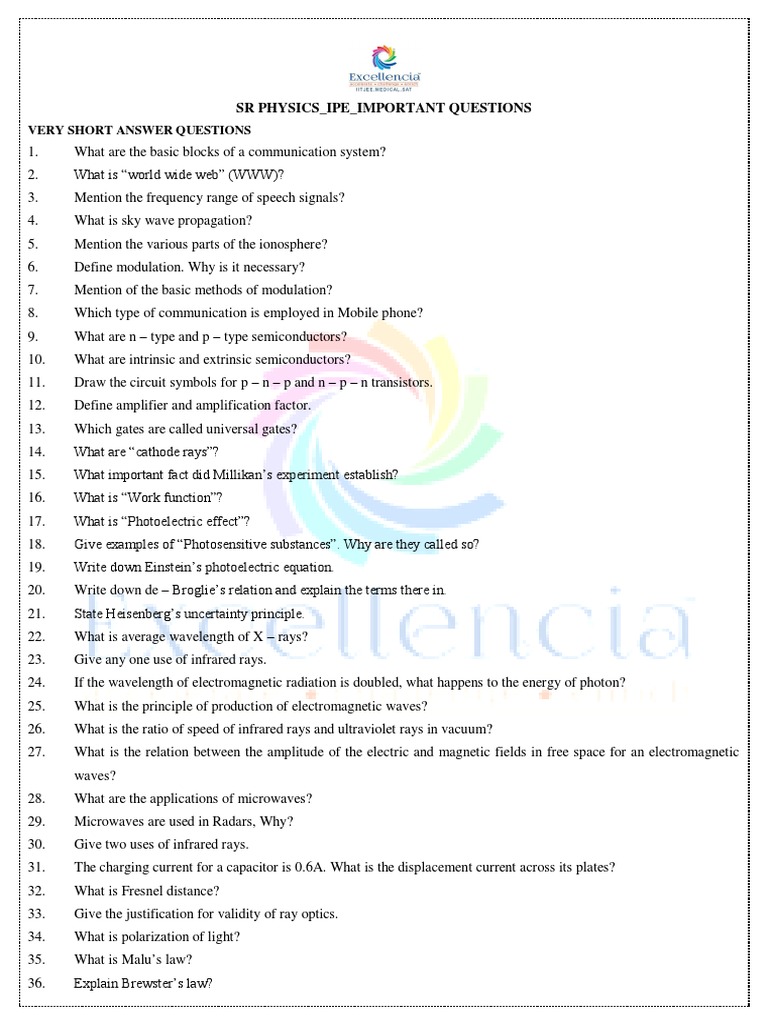 SR Physics - Ipe - Important Questions: Very Short Answer Questions | PDF | Inductor | Magnetic ...