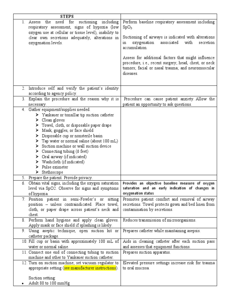 Oral Suctioning With Rationale | PDF | Hygiene | Clinical Medicine