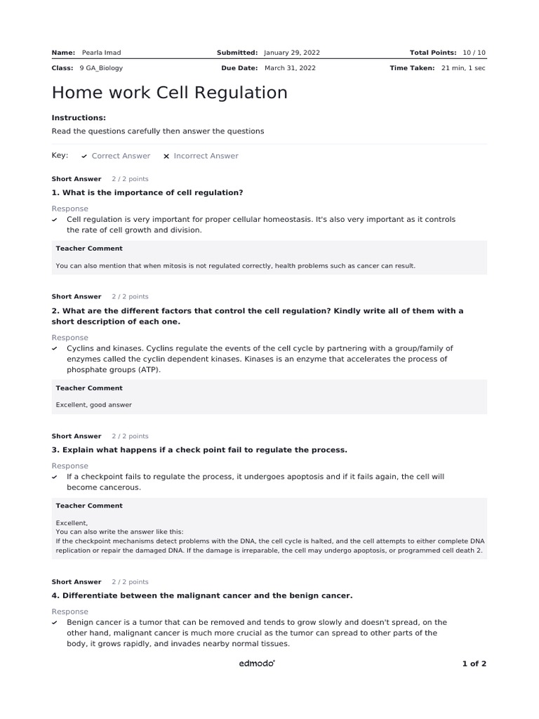 Home Work Cell Regulation Answer Key | PDF | Cancer | Cell Cycle