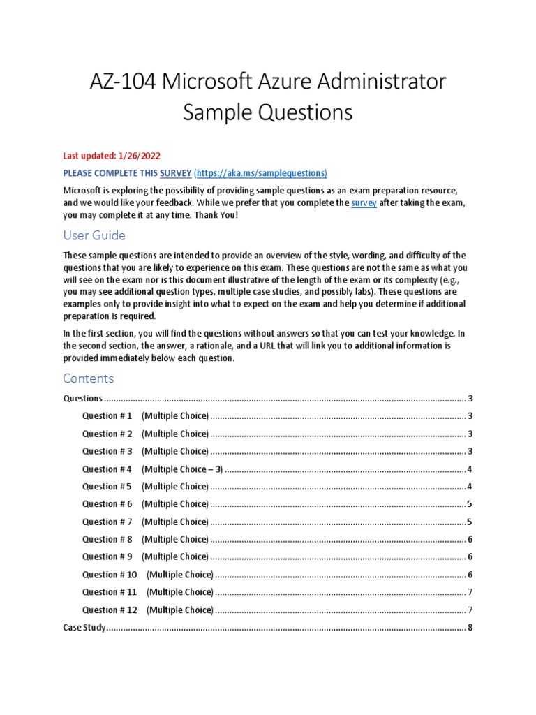 AZ-104 Microsoft Azure Administrator Sample Questions: User Guide | PDF ...