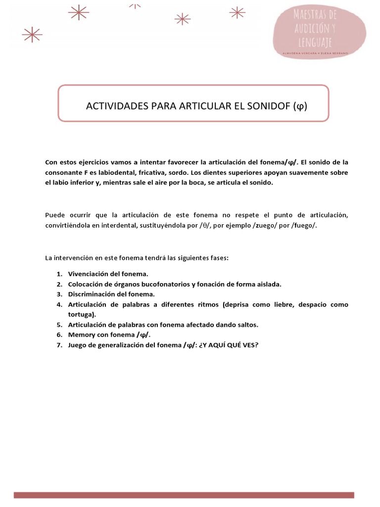 Fonema F Actividades para Articulacion | PDF | Fonema | Comunicación humana