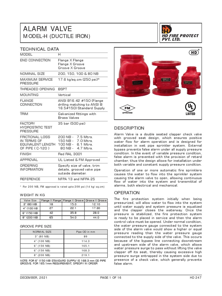 Alarm Valve: Model-H (Ductile Iron) | PDF | Valve | Fire Sprinkler System
