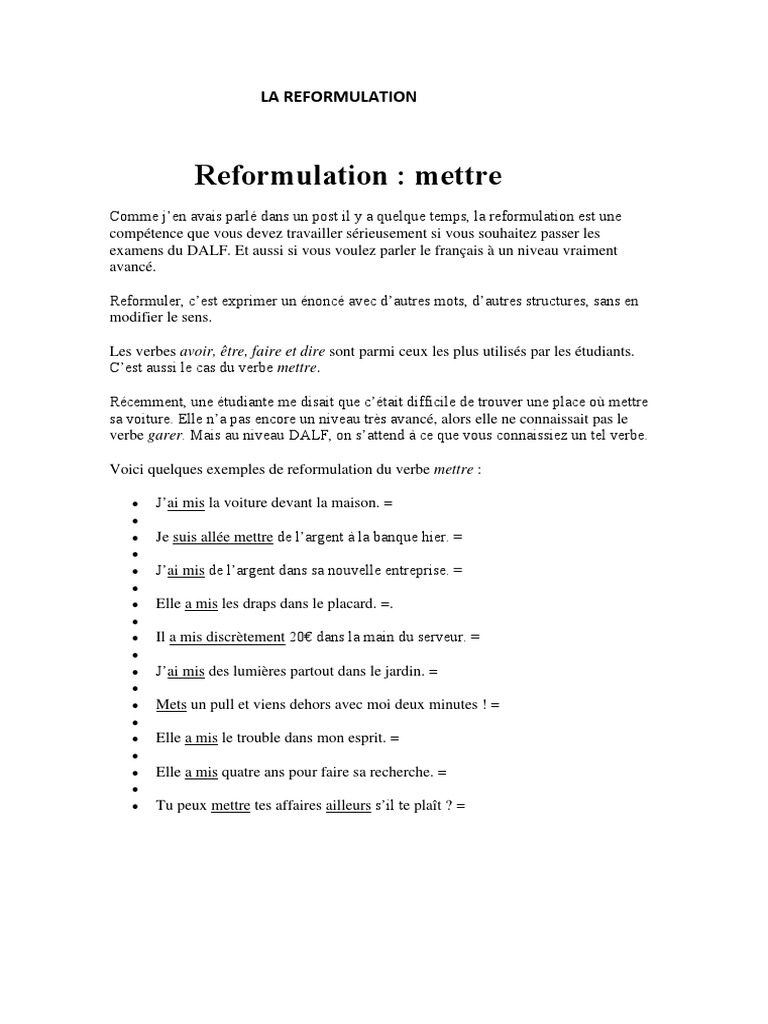 La Reformulation | PDF | Verbe | Phrase