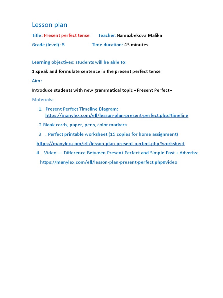 Lesson Plan:: Present Perfect Tense | PDF | Perfect (Grammar ...