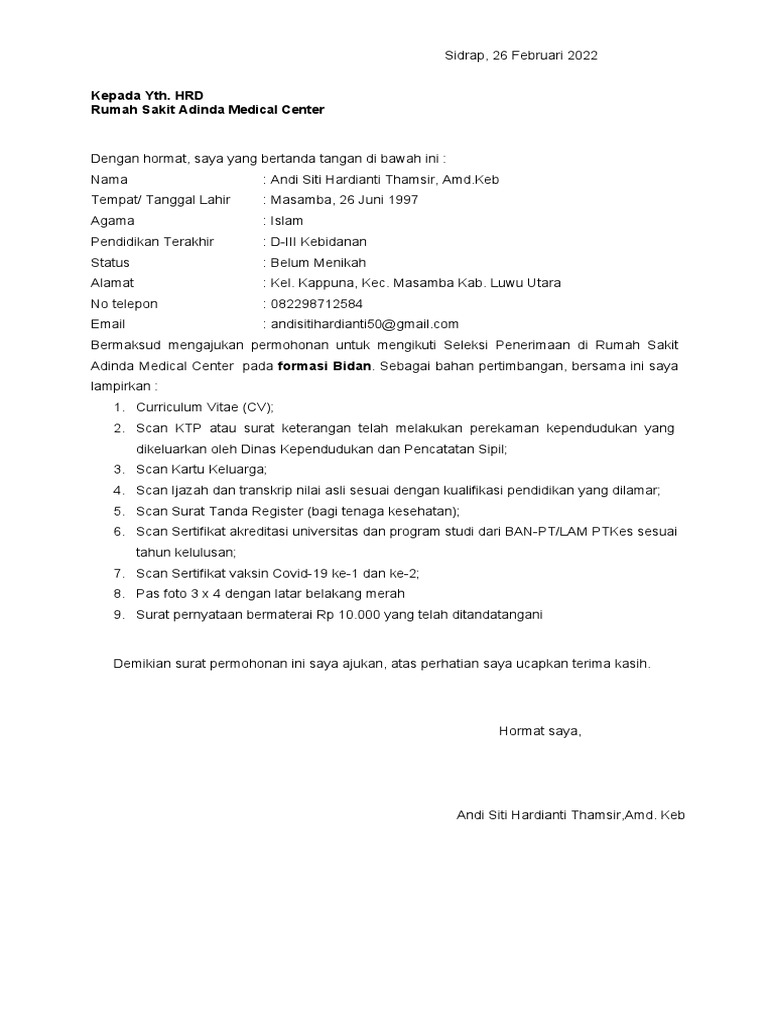 Lamaran Kerja Bidan di Rumah Sakit Adinda Medical Center | PDF
