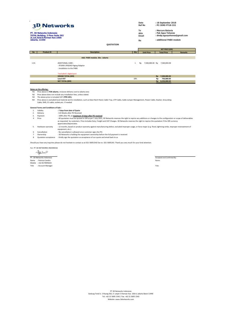 Quotation for Additional PABX Module for Mercure Batavia Hotel | PDF ...