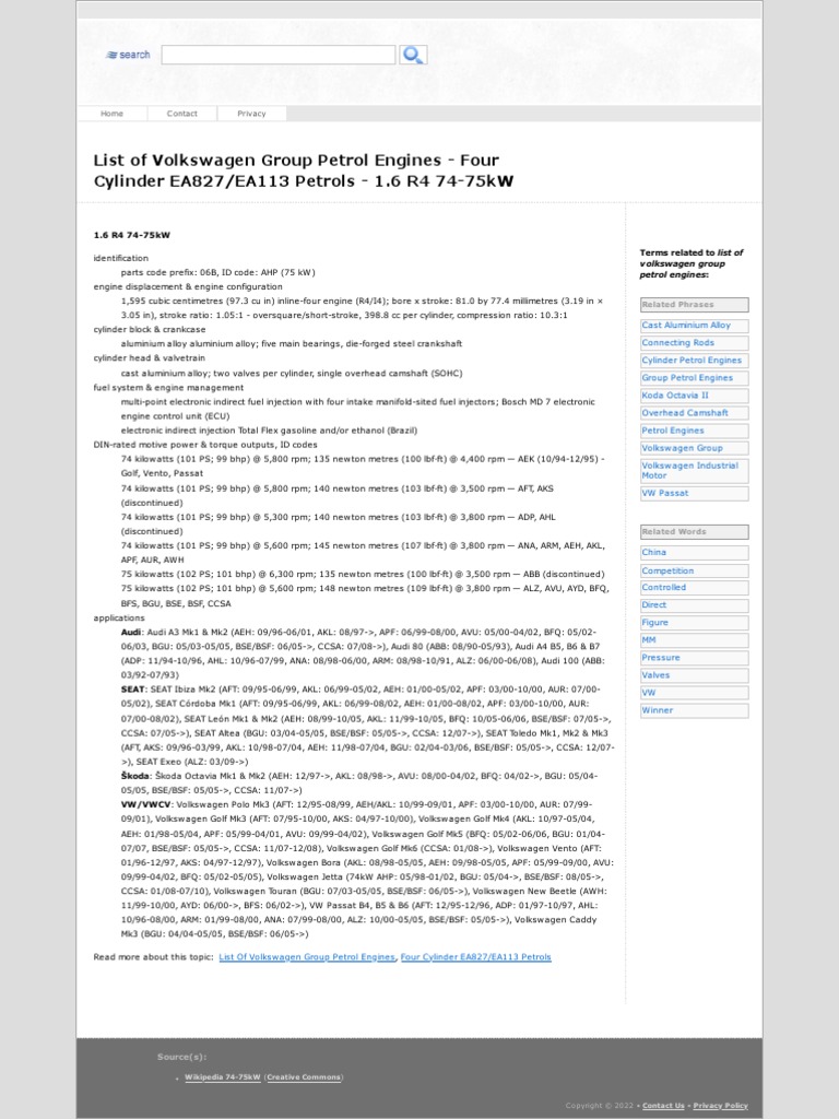 List of Volkswagen Group Petrol Engines - Four Cylinder EA827 - EA113 ...