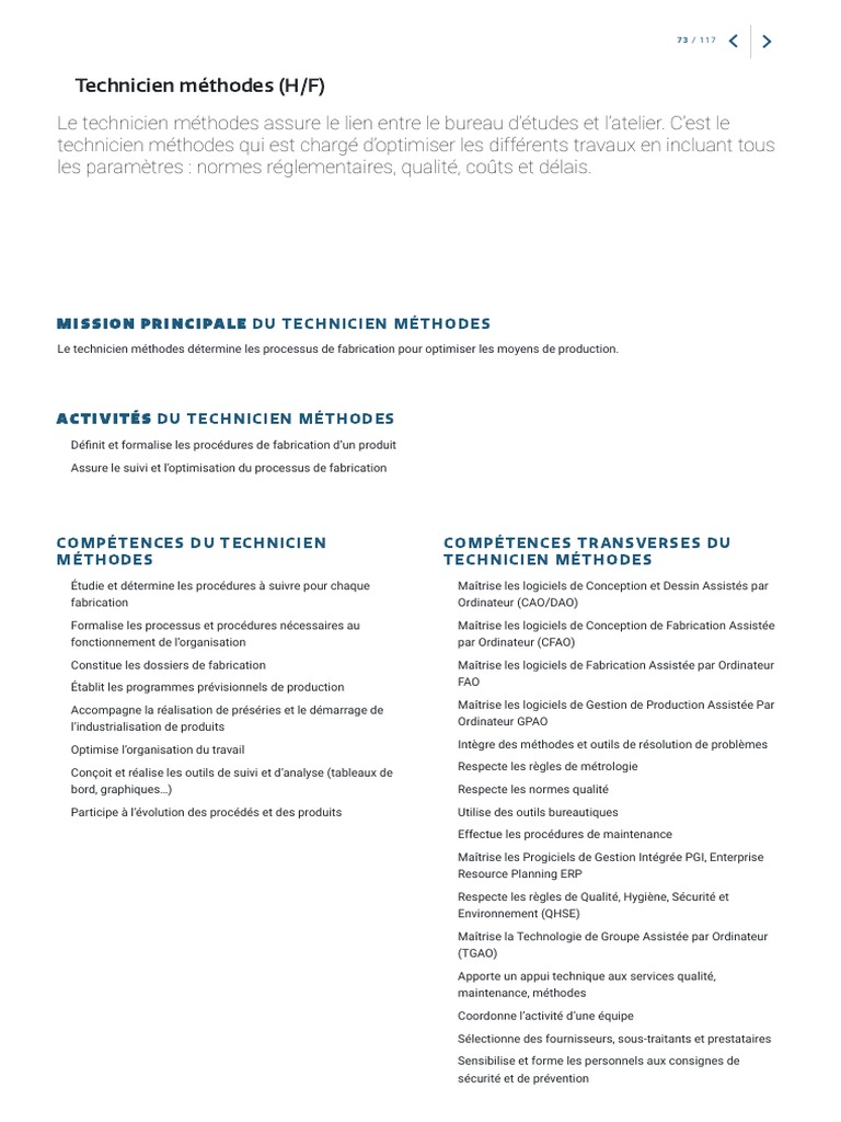 Fiche Métier Technicien Méthodes (H - F) - Fiche de Poste Et Offres D ...