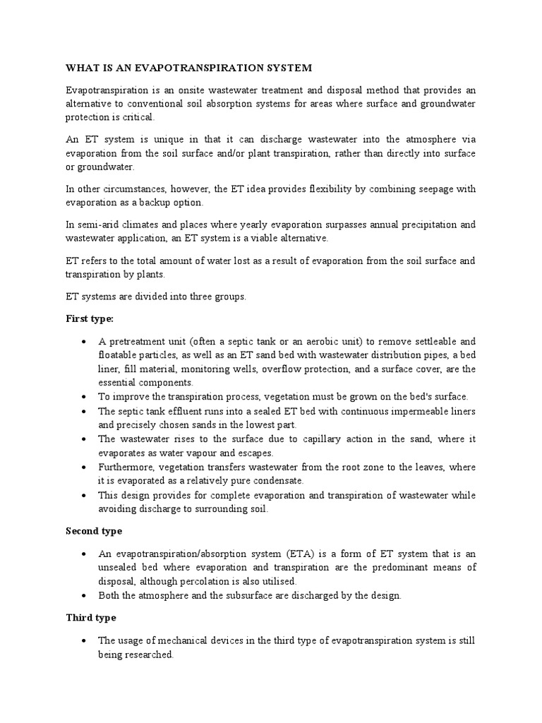 Evapotranspiration System Guide | PDF | Evapotranspiration | Septic Tank