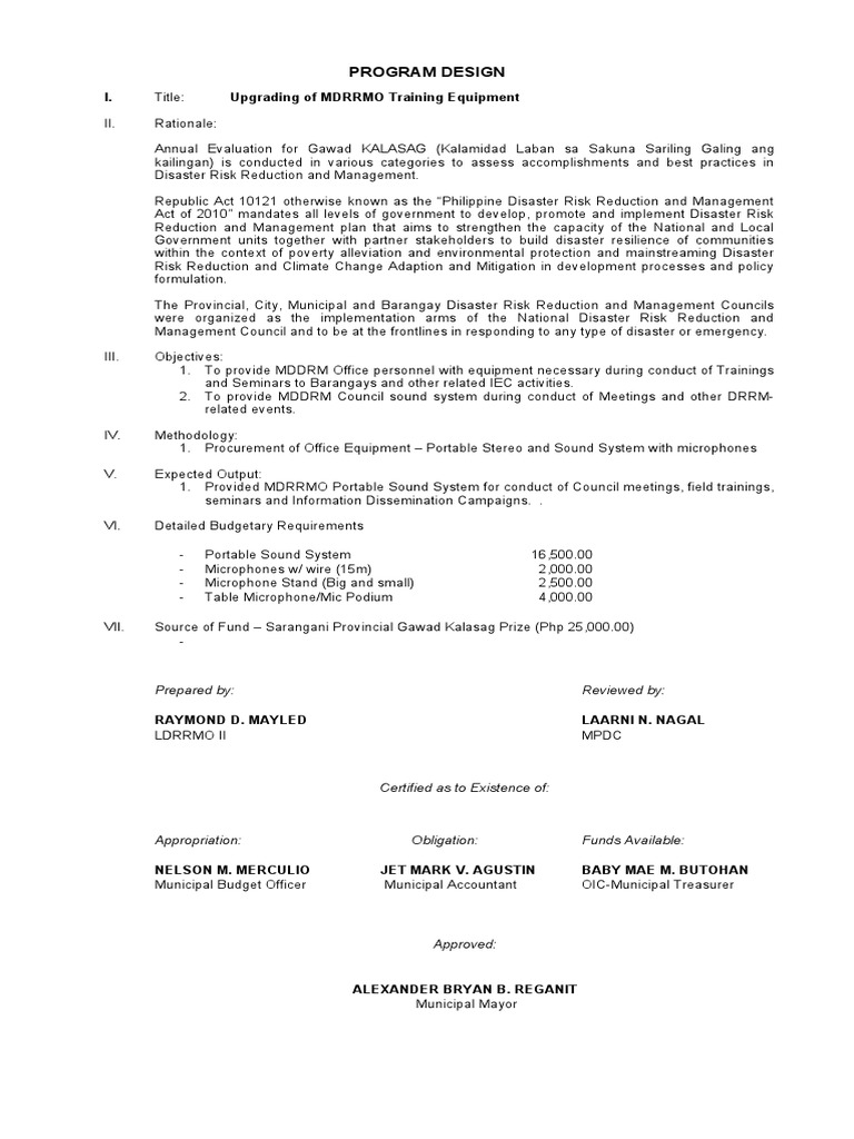 Program Design: I. Upgrading of MDRRMO Training Equipment | PDF | Risk Management | Disaster ...