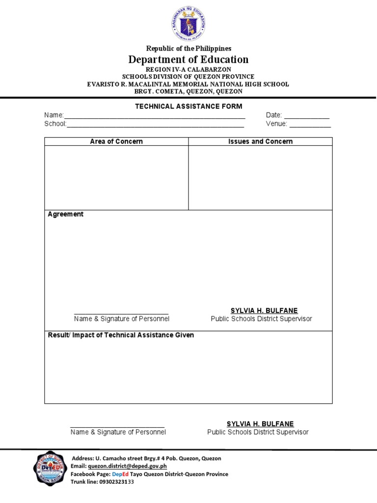 Technical Assistance Form - Quezon Schools | PDF