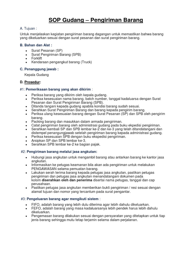 SOP Gudang - Pengiriman Barang Dagangan | PDF