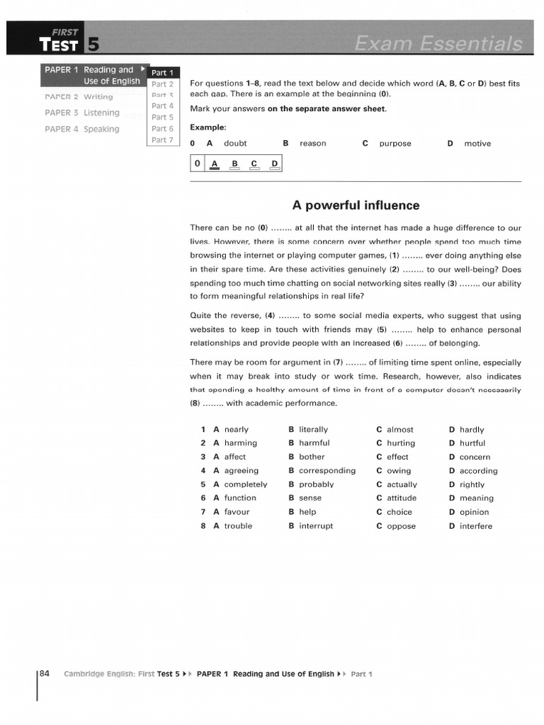 FCE Essentials 1 - Test 5 - Reading and Use of English - Parts 1 - 4 | PDF