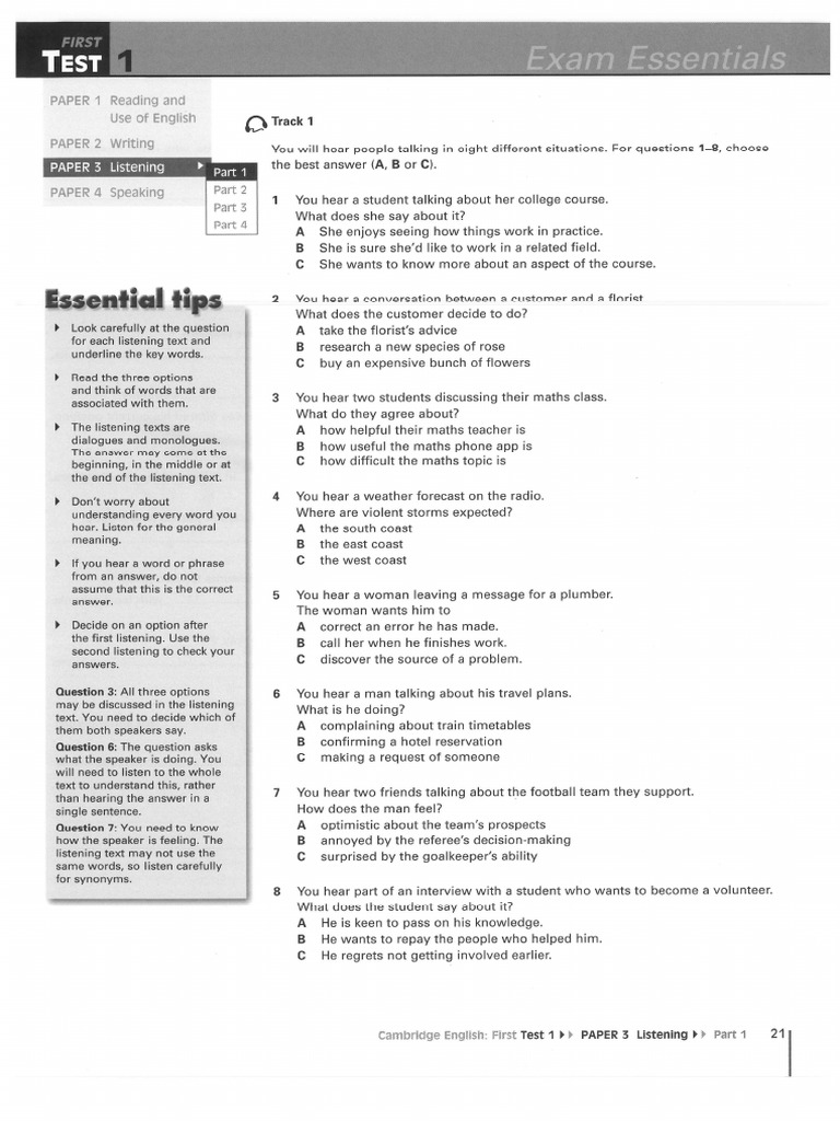 FCE Essentials 1 - Test 1 - Listening - Parts 1 - 4 | PDF
