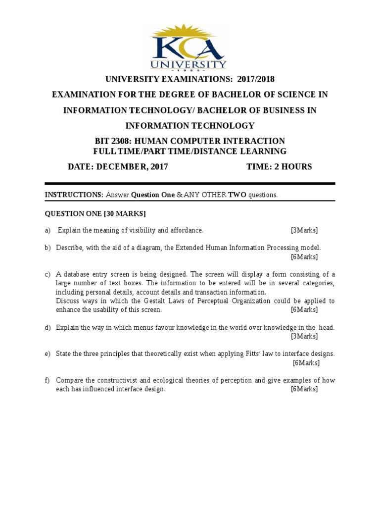 INSTRUCTIONS: Answer Question One & ANY OTHER TWO Questions. Question ...