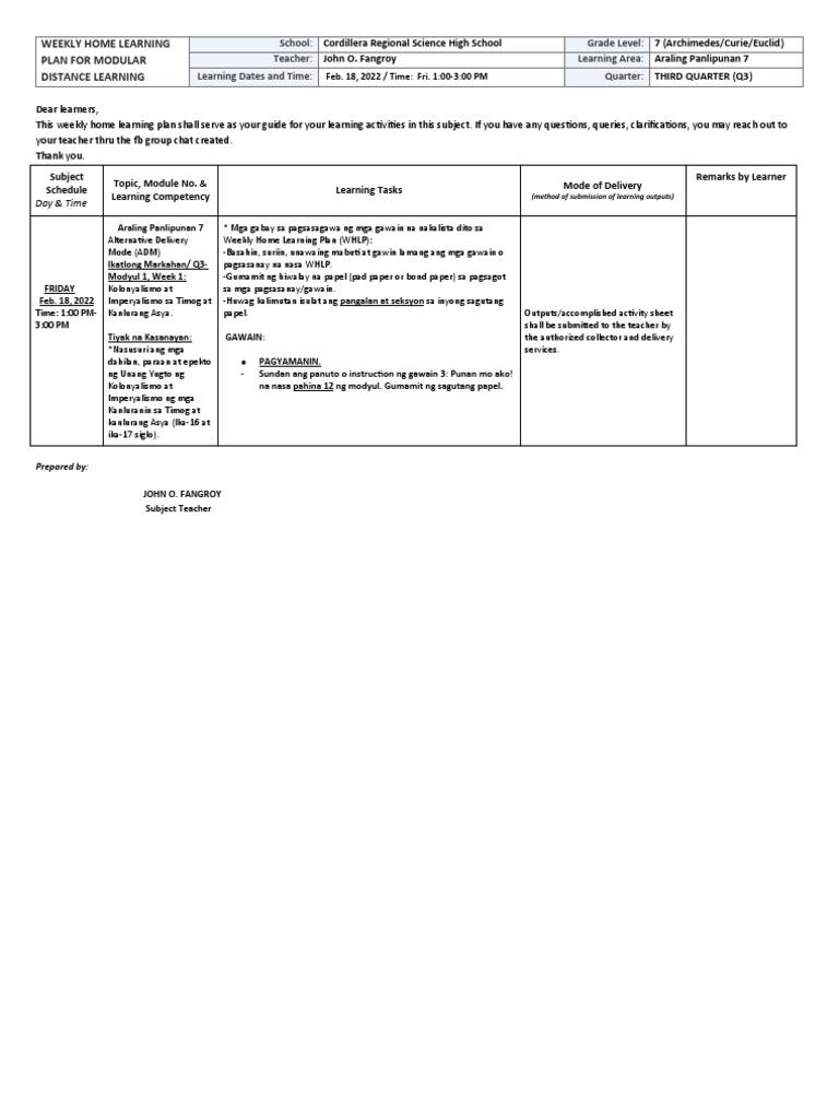 Weekly Home Learning Plan For Modular Distance Learning | PDF ...