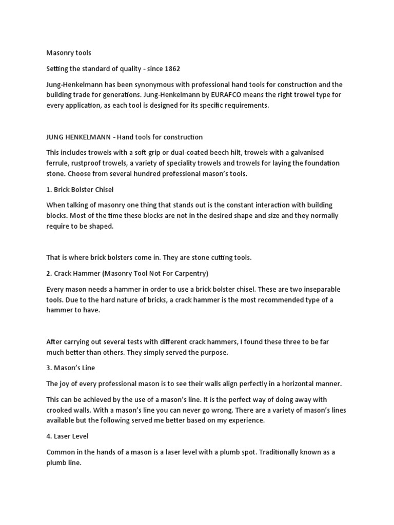 Masonry Theory and Tools Functions | PDF | Masonry | Brick