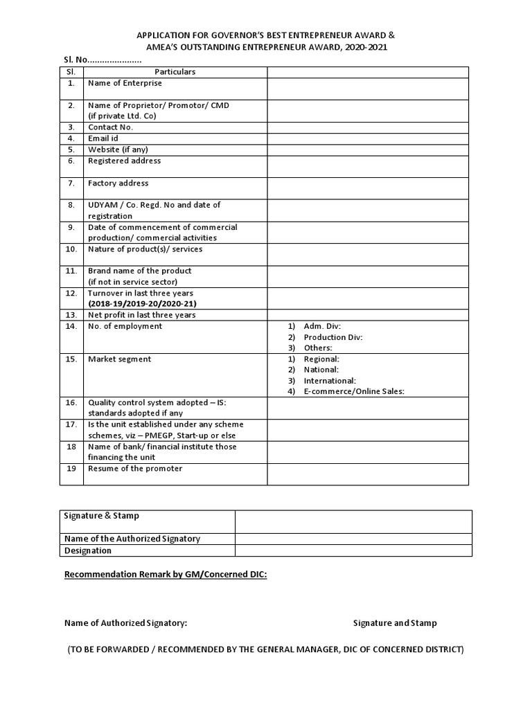 Entrepreneur Award Application 2020-21 | PDF | Identity Document ...
